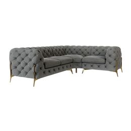 ECKSOFA Chesterfield Lexi Grau Samt, Ottomane rechts