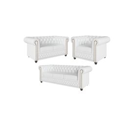 SITZGARNITUR 3+2+1 mit Schlaffunktion Chesterfield Morin Wei&szlig; Vegan Leder