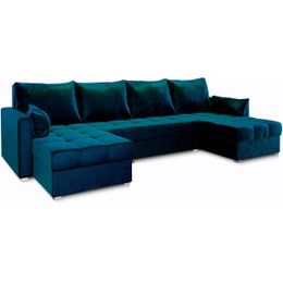 WOHNLANDSCHAFT NAKO Blau Pl&uuml;sch-Stoff mit Schlaffunktion