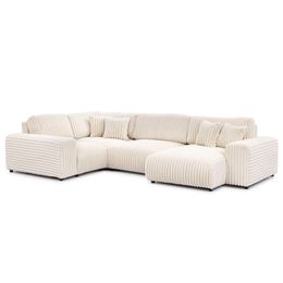 WOHNLANDSCHAFT Mollis Hellbeige Pl&uuml;schcord im XXL-Format - Ottomane Rechts