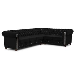 ECKSOFA mit Schlaffunktion Chesterfield Schwarz Samt mit Kristallsteppung und braunen Massivholzf&uuml;&szlig;en - Ottomane Rechts