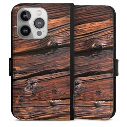 DeinDesign iPhone 14 Pro Handy Klapph&uuml;lle Handyh&uuml;lle aus Kunst Leder schwarz Flip Case Beams Wood Wooden Look Sideflip mit langer Lasche