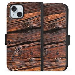 DeinDesign iPhone 15 Handy Klapph&uuml;lle Handyh&uuml;lle aus Kunst Leder schwarz Flip Case Beams Wood Wooden Look Sideflip mit Lasche