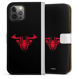 DeinDesign iPhone 12 Pro Max Handy Klapph&uuml;lle Handyh&uuml;lle aus Kunst Leder wei&szlig; Flip Case Spiderman Logo Marvel Sideflip mit Lasche