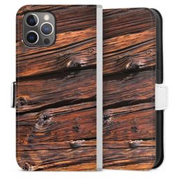 DeinDesign iPhone 12 Pro Handy Klapph&uuml;lle Handyh&uuml;lle aus Kunst Leder wei&szlig; Flip Case Beams Wood Wooden Look Sideflip mit Lasche