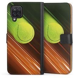 DeinDesign Galaxy A12 Handy Klapph&uuml;lle Handyh&uuml;lle aus Kunst Leder schwarz Flip Case Hobby Ball Tennis Sideflip mit langer Lasche