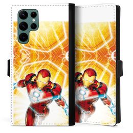 DeinDesign Galaxy S22 Ultra Handy Klapph&uuml;lle Handyh&uuml;lle aus Kunst Leder schwarz Flip Case Marvel Iron Man Fire Sideflip mit langer Lasche