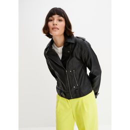 bonprix Biker-Jacke, schwarz, Gr.36, L&auml;ssige Jacke aus Lederimitat mit Innenfutter im Leomuster, aus Lederimitat,Viskose
