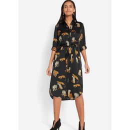 bonprix Hemdblusenkleid aus flie&szlig;endem Satin, schwarz, Gr.44, Sch&ouml;nes Satin Hemdblusenkleid mit modernem Animal-Print