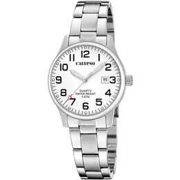 Quarzuhr Calypso Watches "Basic", silber (silberfarben, wei&szlig;), Armbanduhren, Damen, Quarzuhr, Armbanduhr, Damenuhr, Edelstahlarmband, analog, Tag