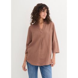Langarmbluse bonprix "3/4-Arm Bluse mit Leinen", Damen, Gr. 42, braun (maronenbraun), Web, Obermaterial: 55% Leinen, 45% Viskose, unifarben, figurumspielend normal, Aufschlag, Blusen, figurumspielende Passform, f&uuml;r vielseitige Alltagslooks