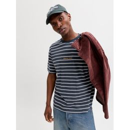Jack & Jones T-Shirt JACK & JONES "JORNORREBRO STRIPE TEE SS CN LN", Jungen, Gr. M, sky captain, Jersey, Obermaterial: 100% Baumwolle, gestreift, relaxed fit normal, Rundhals, Shirts T-Shirt, Baumwolle, relaxed fit