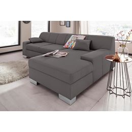 Ecksofa DOMO collection "Bero, elegant und zeitlos, flache Armlehnen, Breite 268cm L-Form", schwarz (pepper), B:268cm H:74cm T:153cm, Feinstruktur (100% Polyester);Luxus-Microfaser (100% Polyester);Zierkissen: Im jeweiligen Bezugsstoff;Struktur fein (100% Polyester), Sofas, Ecksofa, fester Sitzkomfort, wahlweise mit Bettfunktion