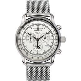 Chronograph Zeppelin "100 Jahre", silber (silberfarben, silberfarben), Armbanduhren, Herren, Chronograph, Armbanduhr, Quarzuhr, Herrenuhr, Datum, Stoppfunktion, Made in Germany