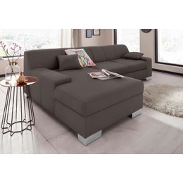 Ecksofa DOMO collection "Bero, elegant und zeitlos, flache Armlehnen, Breite 268cm L-Form", grau (stone), B:268cm H:74cm T:153cm, Feinstruktur (100% Polyester);Luxus-Microfaser (100% Polyester);Zierkissen: Im jeweiligen Bezugsstoff;Struktur fein (100% Polyester), Sofas, Ecksofa, fester Sitzkomfort, wahlweise mit Bettfunktion