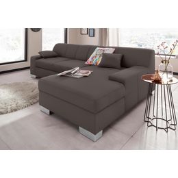 Ecksofa DOMO collection "Bero, elegant und zeitlos, flache Armlehnen, Breite 268cm L-Form", grau (stone), B:268cm H:74cm T:153cm, Feinstruktur (100% Polyester);Luxus-Microfaser (100% Polyester);Zierkissen: Im jeweiligen Bezugsstoff;Struktur fein (100% Polyester), Sofas, Ecksofa, fester Sitzkomfort, wahlweise mit Bettfunktion