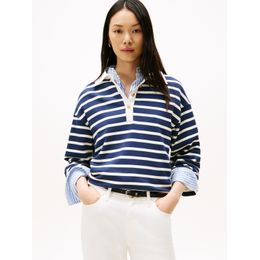 Sweatshirt Tommy Hilfiger "GOLD BUTTON RUGBY TERRY SWTSHRT", Damen, Gr. M (38), schwarz night navy, ivory silk stp, Sweatware, Obermaterial: 100% Baumwolle, gestreift, h&uuml;ftlang, Rundhals, weit, Sweatshirts Sweatshirt