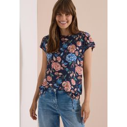T-Shirt Cecil, Damen, Gr. L (42), urban dunkelblau, Web, 50% Baumwolle, 50% Modal, gemustert, comfort fit normal, U-Boot-Ausschnitt, normaler Saum, Shirts T-Shirt, mit U-Boot-Ausschnitt