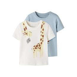 T-Shirt name it "NBMHOS 2P SS TOP BOX", Jungen, Gr. 56, blau fog pack:cloud dancer, Jersey, Obermaterial: 95% Baumwolle, 5% Elasthan, bedruckt, regular fit normal, Rundhals, Shirts T-Shirt, Baumwollmischung, regular fit