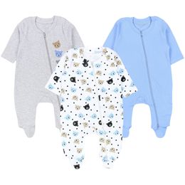 Schlafanzug TUPTAM "Schlafstrampler Baby Unisex Schlafstrampler mit Fu&szlig; 3er Pack", Jungen, Gr. 56, blau (b&auml;ren hellblau beige grau), Obermaterial: 100% Baumwolle CO., Homewear-Sets Schlafanzug