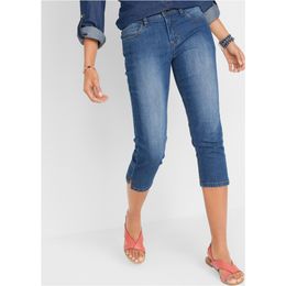 Caprijeans bonprix "Slim Fit Jeans Mid Waist, cropped", Damen, Gr. 48, N-Gr, blau (blau used), Denim/Jeans, Obermaterial: 82% Baumwolle, 17% Polyester, 1% Elasthan, unifarben, regular fit ca. Mitte Wade, Jeans, 3/4-Capri-Look, Five-Pocket Style, Regular Fit, schmale Beinform