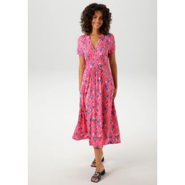 Sommerkleid Aniston CASUAL, Damen, Gr. 38, N-Gr, pink (pink, royalblau, smaragdgr&uuml;n, orange, rot, wei&szlig;, fuchsia), Single Jersey, Obermaterial: 95% Viskose, 5% Elasthan, bedruckt, gebl&uuml;mt, festlich, figurumspielend wadenlang, V-Ausschnitt, Kleider Sommerkleid, mit kunstvollen Bl&uuml;ten und Bl&auml;ttern bedruckt, Topseller