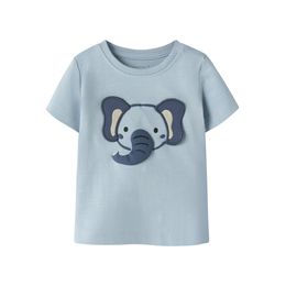 T-Shirt name it "NBMHOLE SS TOP BOX", Jungen, Gr. 56, blau (blau fog), Jersey, Obermaterial: 95% Baumwolle, 5% Elasthan, bedruckt, regular fit normal, Rundhals, Shirts T-Shirt, Baumwollmischung, regular fit