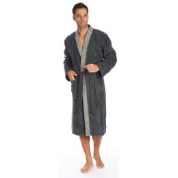 Herrenbademantel Egeria "Bruno, ideal f&uuml;r Sauna & Spa, Hotelbademantel, Morgenmantel" Gr. L, grau (anthrazit), L:125cm, Walkfrottee, Hausm&auml;ntel, Kimono mit Streifenbord&uuml;re, 100% Baumwolle