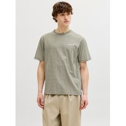 Jack & Jones Rundhalsshirt JACK & JONES "JJDEVIN DAYTONA STRIPED TEE SS CREW NECK", Jungen, Gr. L, gr&uuml;n (vetiver stripes:hellwei&szlig;), Jersey, Obermaterial: 100% Baumwolle, gestreift, relaxed fit normal, Rundhals, Shirts Rundhalsshirt, Baumwollmischung, relaxed fit