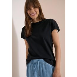 T-Shirt Cecil, Damen, Gr. L (42), schwarz, Web, 100% Baumwolle, unifarben, normal normal, U-Boot-Ausschnitt, abgesteppt, Shirts T-Shirt, mit gerafften &Auml;rmeln