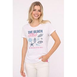 T-Shirt Zwillingsherz "Beach", Damen, Gr. M, wei&szlig;, Web, Obermaterial: 95% Baumwolle, 5% Elasthan, bedruckt, bestickt, kontrastfarbene Details, unifarben, bequem h&uuml;ftbedeckend, Rundhals, gerader Abschluss, Shirts T-Shirt, Rundhals, gro&szlig;es maritimes Motiv mit Stickerei