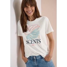 T-Shirt Cecil, Damen, Gr. L (42), vanillewei&szlig;, Web, 100% Baumwolle, bedruckt, normal normal, Rundhals, abgesteppt, Shirts T-Shirt, aus reiner Baumwolle