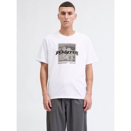 Jack & Jones T-Shirt JACK & JONES "JCOFLARE BRAINDING TEE SS CREW NECK", Jungen, Gr. L, hellwei&szlig;, Jersey, Obermaterial: 100% Baumwolle, bedruckt, regular fit, Rundhals, Shirts T-Shirt