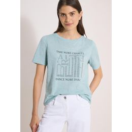 Print-Shirt Cecil, Damen, Gr. L (42), blau (crystal mint), Jersey, Obermaterial: 50% Baumwolle, 50% Polyester, bedruckt, h&uuml;ftlang, Rundhals, Shirts, Sommershirt, Elastikbund, Ausbrenner-Optik