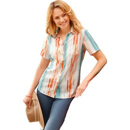Damen Kurzarm-Bluse mit abgerundetem Saum apricot-ozean-bedruckt, Gr&ouml;&szlig;e 48