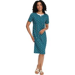 Damen Jerseykleid mit einfarbigem Einsatz am Ausschnitt aquapetrol-magenta-bedruckt, Gr&ouml;&szlig;e 38