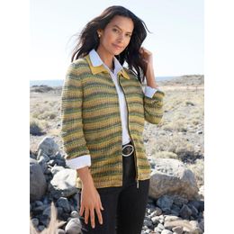 WITT Damen Strickjacke mit Polokragen, oliv-ocker-gemustert, Gr&ouml;&szlig;e 36