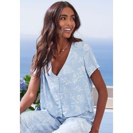 Lascana Pyjamaoberteil blau Gr. 44 f&uuml;r Damen. Tiefer V-Ausschnitt und Allover-Druck. Loose Fit