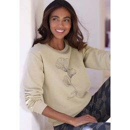 Lascana Sweatshirt 'GoldenGinko152' beige Gr. 48/50 f&uuml;r Damen. Rundhals und Druck. Nachhaltig.