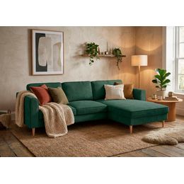 Ecksofa Home Affaire "Booster, whlw. mit Schlaffunktion & Bettkasten, Fu&szlig; Buche lackiert", gr&uuml;n (dunkelgr&uuml;n), B:232cm H:83cm T:161cm, 92% Polyester, 8% Polyamid, Sofas, Ecksofa, Recamiere beidseitig montierbar, L-Form, in Cord & Struktur, B: 232 cm