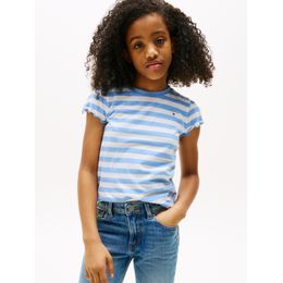 T-Shirt Tommy Hilfiger "ESSENTIAL STRIPE RUFFLE TOP SS", M&auml;dchen, Gr. 14 (164), blau (cloudy blau stripes), Single Jersey, Obermaterial: 60% Baumwolle, 40% Polyester, gestreift, regular fit h&uuml;ftlang, Rundhals, gewellter Abschluss, Shirts T-Shirt, f&uuml;r Kinder bis 16 Jahre, mit gewellter Kante