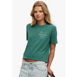 Print-Shirt Superdry "LUXE CASUAL RLXD TEE", Damen, Gr. XL, gr&uuml;n (pine gr&uuml;n), Single Jersey, Obermaterial: 100% Baumwolle, bedruckt, relaxed fit normal, Rundhals, Shirts