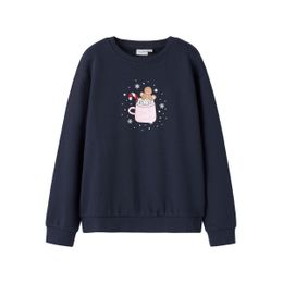 Sweatshirt name it "NKFVISMAS LS NREG SWEAT BRU", M&auml;dchen, Gr. 122/128, navy blazer print:cup, Sweatware, Obermaterial: 100% Baumwolle, bedruckt, normal, Rundhals, Sweatshirts Sweatshirt