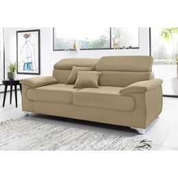 2,5-Sitzer DOMO collection "Mira inklusive Kopfteilverstellung f&uuml;r mehr Wohlf&uuml;hlkomfort", beige, B:205cm H:78cm T:100cm, Zierkissen: Entsprechend jeweiligem Bezug.;Struktur (100% Polyester);Struktur fein (100% Polyester);Luxus-Microfaser (92% Polyester, 8% Nylon), Sofas, elegant und modern, komfortabel, frei im Raum stellbar