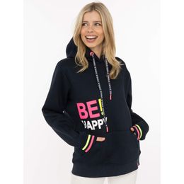 Zwillingsherz Damen Hoodie ""Be Happy""marine, Gr. L, Sweatware, Obermaterial: 50% Baumwolle, 50% Polyester, Sweatshirts, gestreifte B&uuml;ndchen,