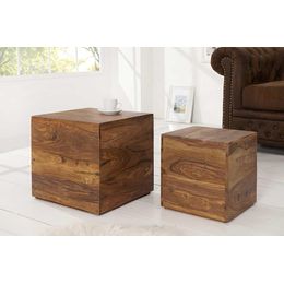 Riess Ambiente 2er Set Beistelltische W&uuml;rfel MAKASSAR 40cm braun Sheesham Massivholz stone finish Riess-Ambiente Satztisch quadratisch Natur Kolonial