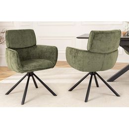 Riess Ambiente Drehbarer Retro Stuhl UNIQUE gr&uuml;n Chenille schwarze Metallbeine mit Armlehne Riess-Ambiente Esszimmerstuhl K&uuml;chenstuhl