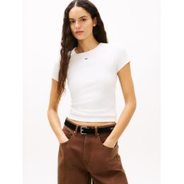 Kurzarmshirt Tommy Jeans "TJW 2PACK SLIM ESSENTIAL RIB SS", Damen, Gr. L (40), wei&szlig; (ecru, schwarz, wei&szlig; stripe), Feinripp, Obermaterial: 95% Baumwolle, 5% Elasthan, gestreift, slim fit h&uuml;ftlang, Rundhals, abgesteppte Kante, Shirts, mit gerippter Struktur, Rundhals