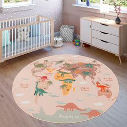 Kinderteppich Paco Home "Bino 583", beige, H:4mm &Oslash;:160cm, Polyester, Teppiche, Kinderteppich, Spielteppich, Motiv Weltkarte & Dinosaurier, Kinderzimmer