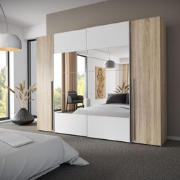 Kleiderschrank FORTE "Narago, Kombischrank mit Spiegel", wei&szlig;, sonoma eiche, B:270,3cm H:210cm T:61cm, Schr&auml;nke, Kleiderschrank, Schwebet&uuml;ren in Kombination mit Dreht&uuml;ren, Made in Europe